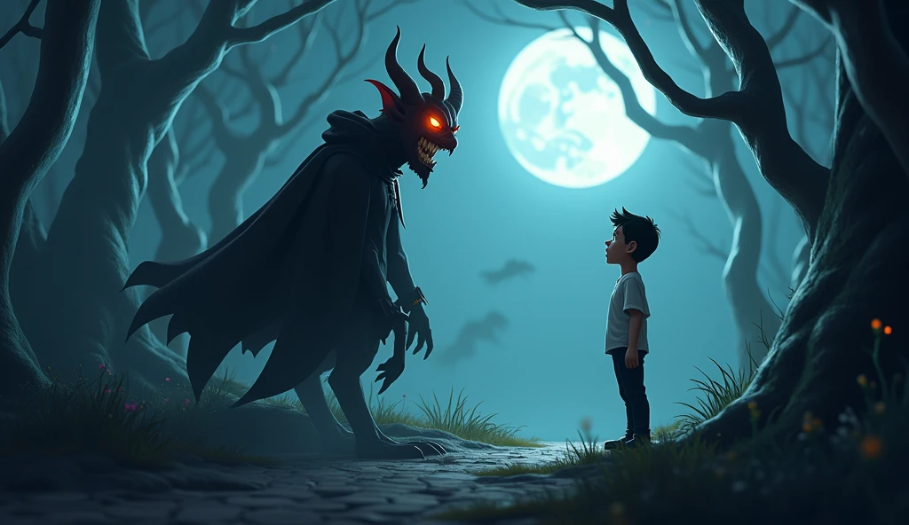 In a dark forest under the light of the full moon, a devil talking to a ...