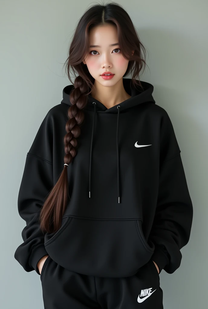 A beautiful Korean brunette with slanted eyes and long braided hair ...