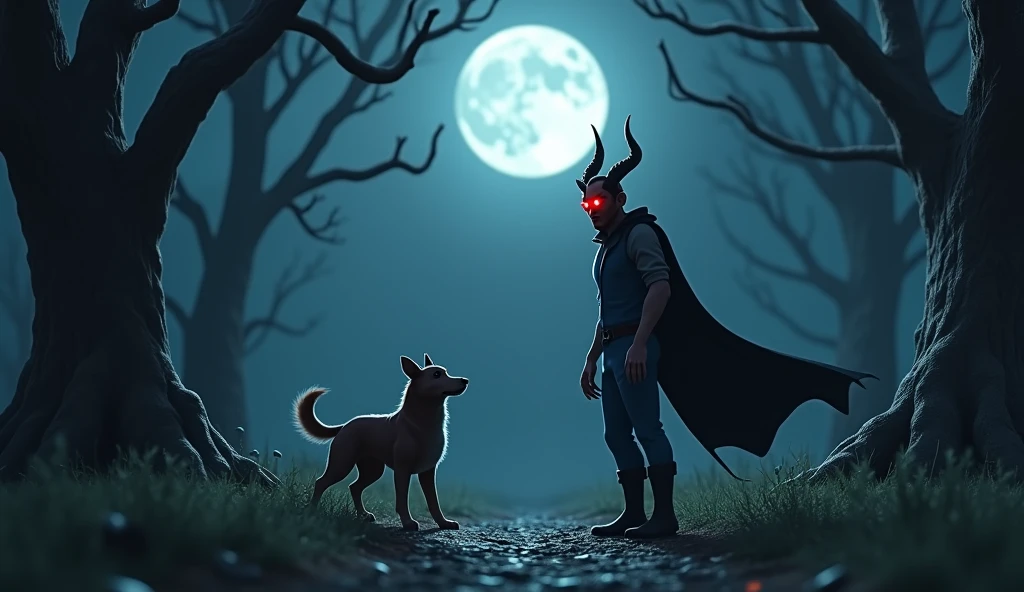 In a dark forest under the light of the full moon, a devil talking to a ...