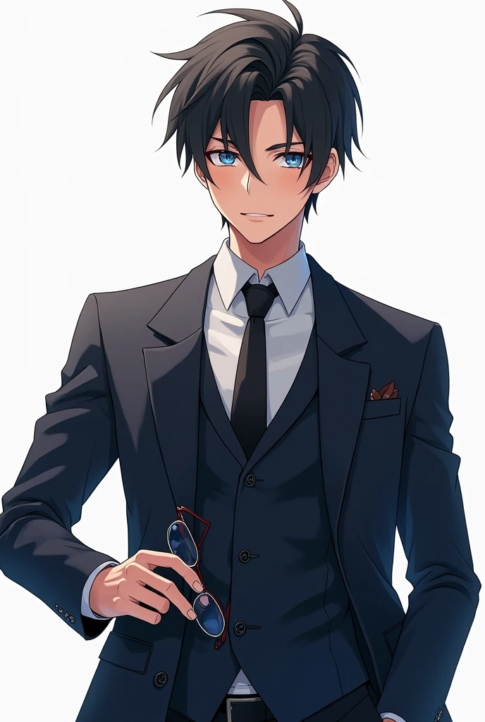 Anime man wearing a suit and holding glasses, Tall anime guy with blue ...