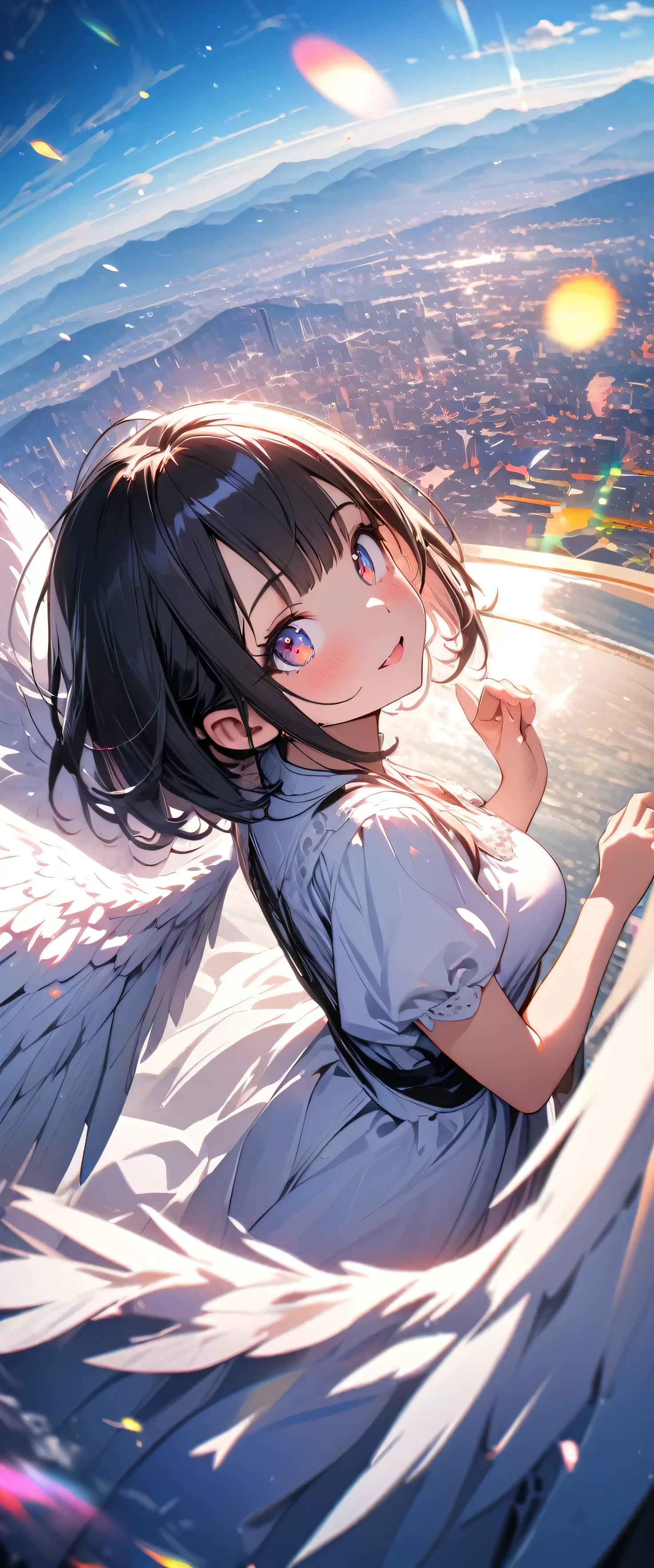 Anime girl with angel wings flying over a city at night - SeaArt AI