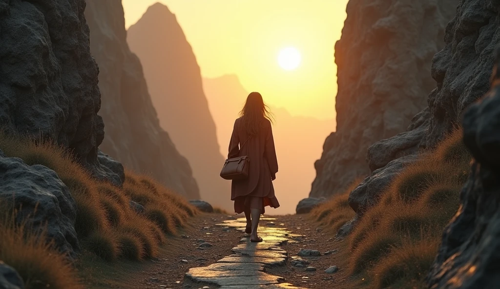 A woman walking alone on a narrow path between ancient mountains ...