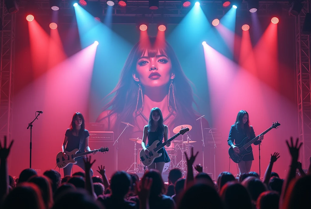 A beautiful japanese female rock band performing on stage, highly ...