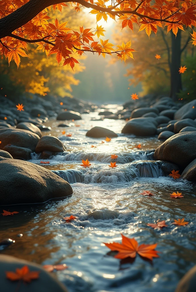 A river gently flowing over rocks, with autumn leaves drifting on the ...