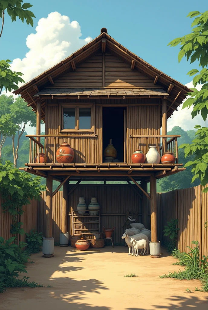 Stilt house made of wood and bamboo with concrete footstools for post ...