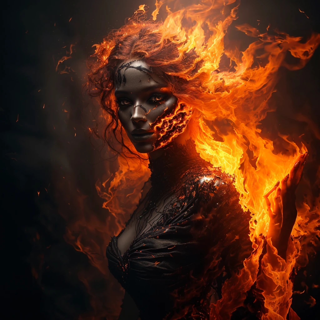 Arafed woman with a face full of fire in a dark room, woman made of ...