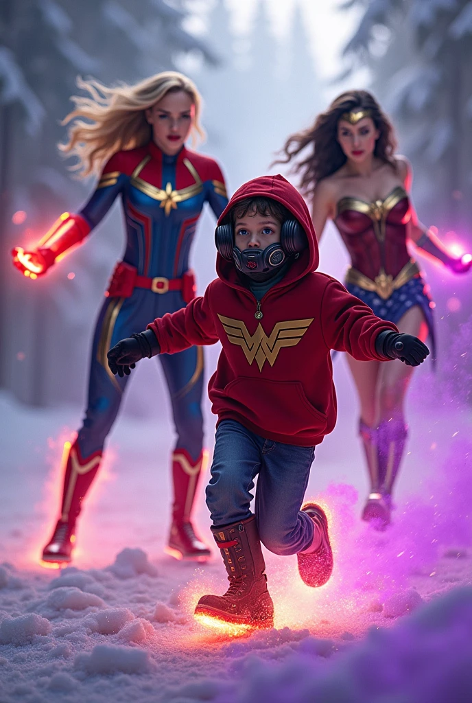 Captain marvel dancing with Kid boy with red hoodie, headphones - SeaArt AI