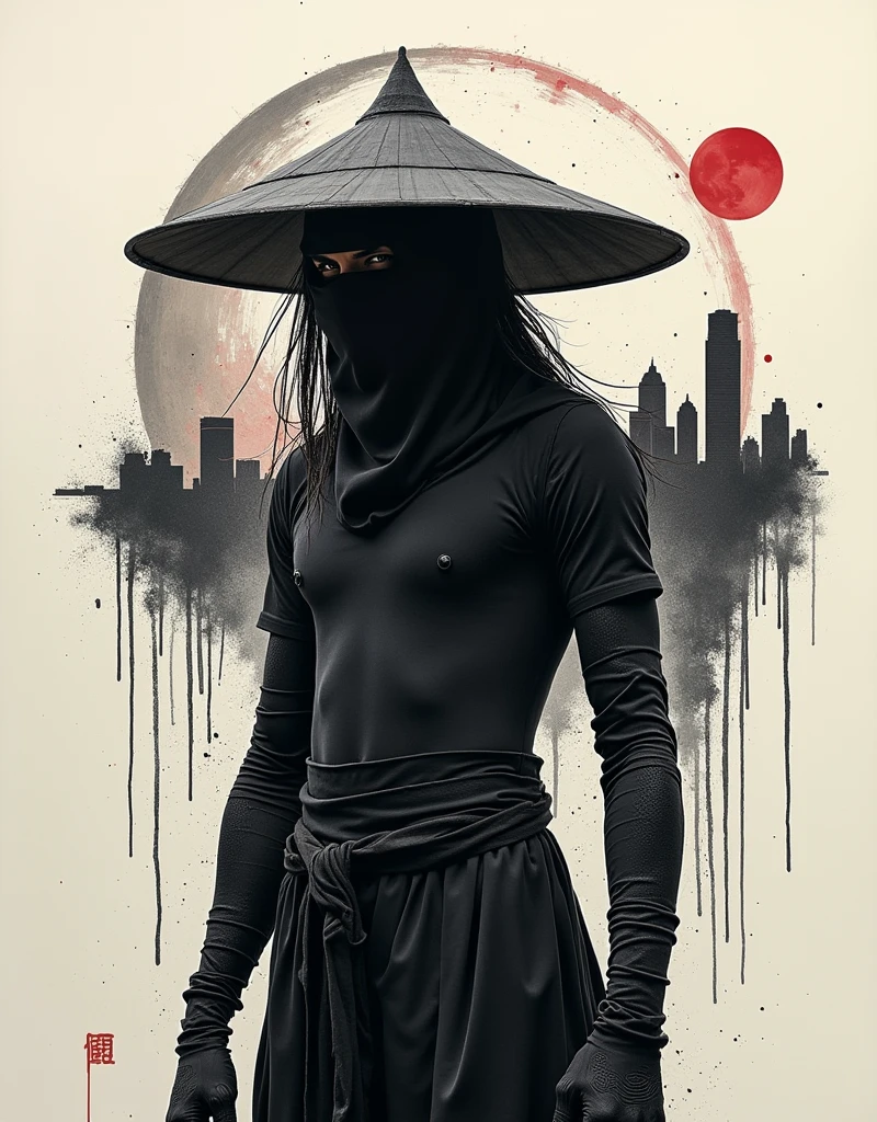 Photography of full body ninja in splash sumi-e ink. round hat ninja ...