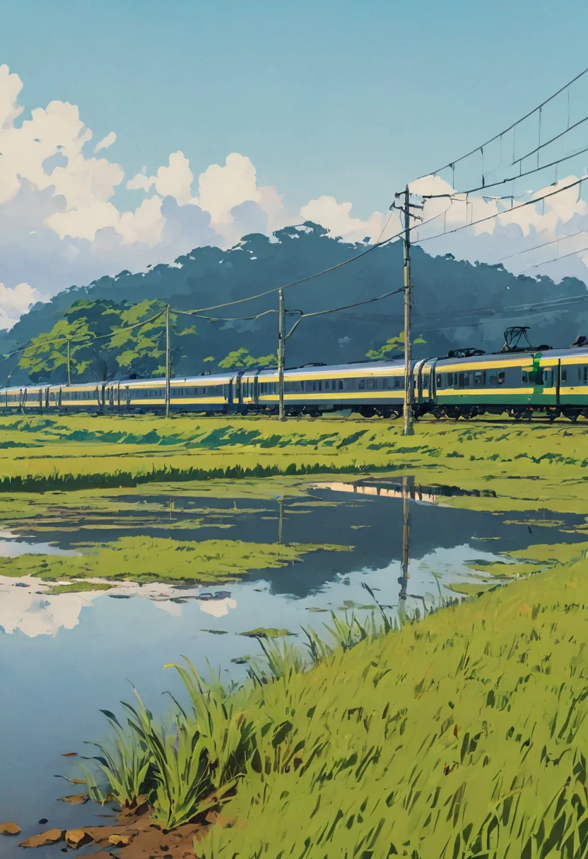There is a painting of a train on the tracks by the water, reflections ...