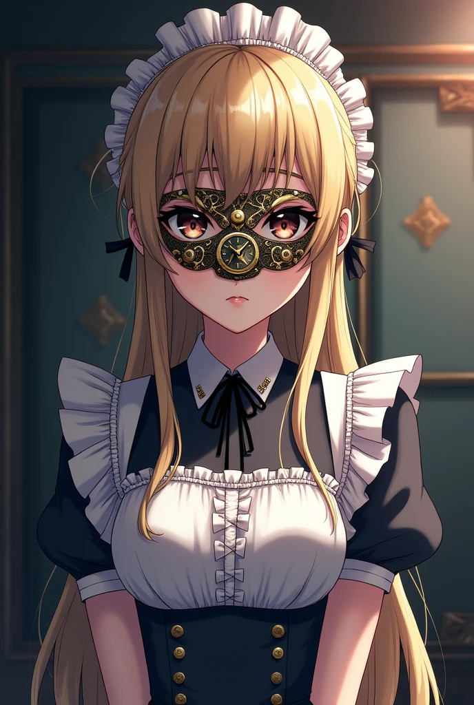 Anime version Woman with long blonde hair tied up, maid wearing a mask ...