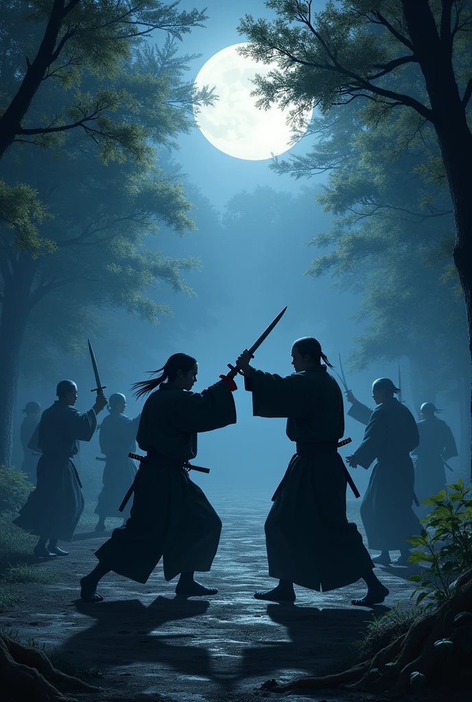 Japanese ninja training hand-to-hand combat with other ninjas at night ...