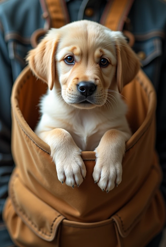 Labrador retriever puppy in a large pocket with its face and paws ...