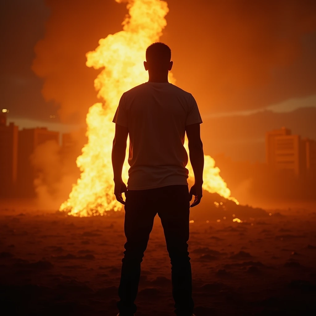 A man standing facing us with a big fire in the background, silhouette ...