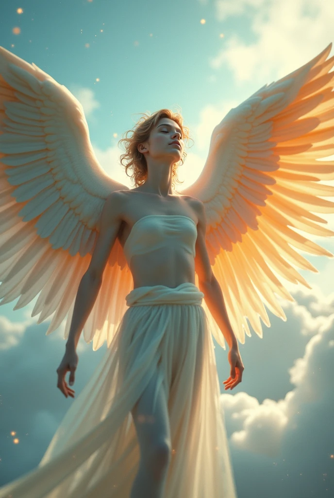 Full body image of a beautiful male angel with two colored wings and closed eyes - SeaArt AI