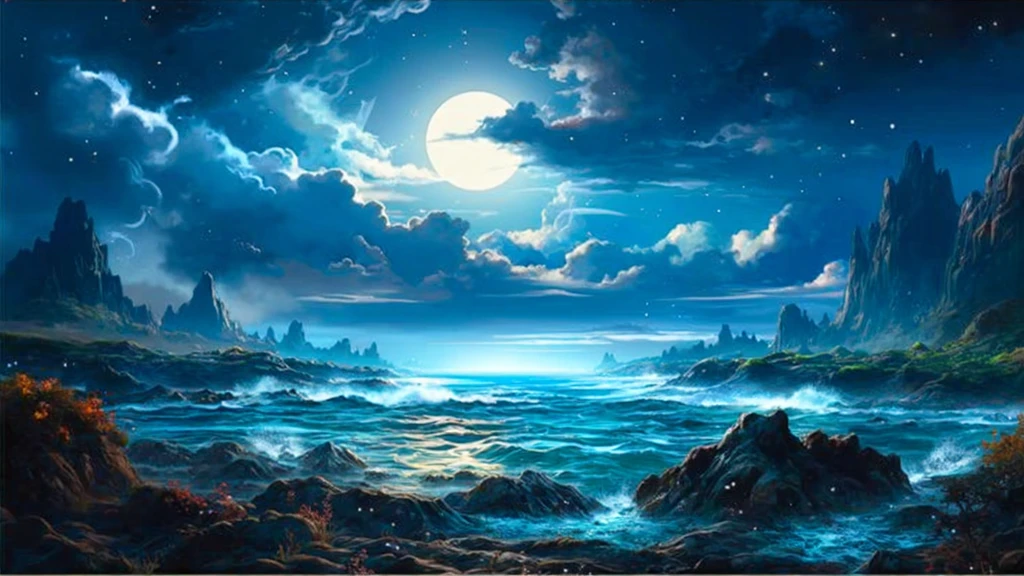 A dramatic night sea landscape, a full moon over the ocean, moonlit ...