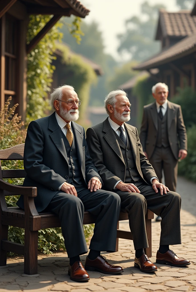 In a village on a bench 2 old men sitting on the bench well suited booted and in - SeaArt AI