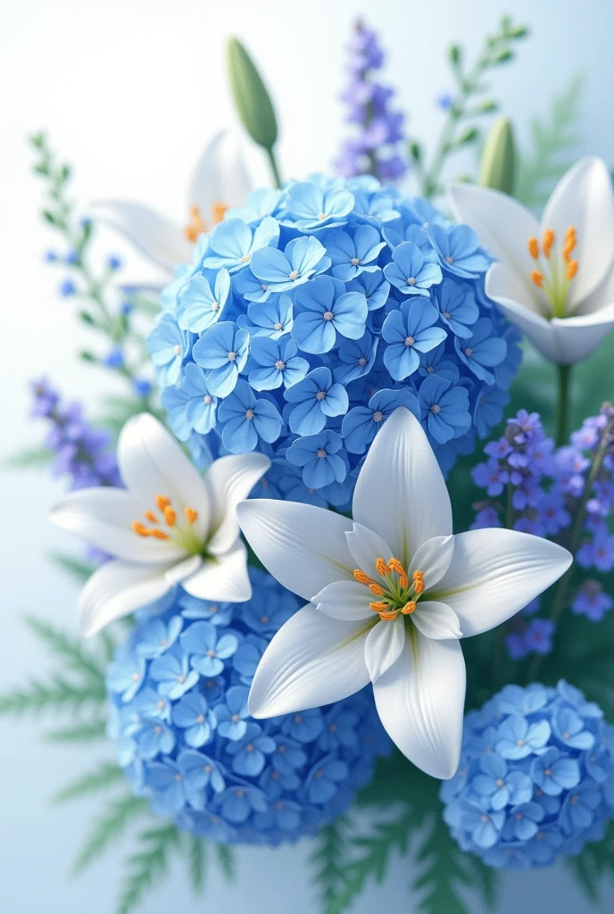 Blue hydrangea white lily lavender forget me not flower bouquet - SeaArt AI
