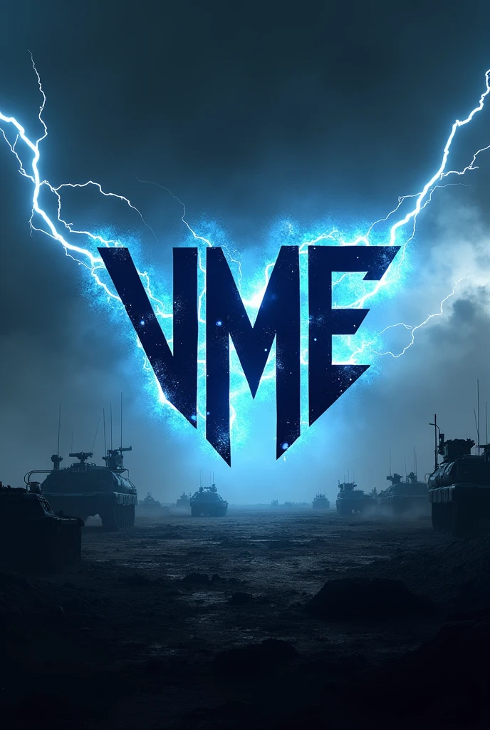 Create a blue VME logo with lightning bolts on a war background - SeaArt AI