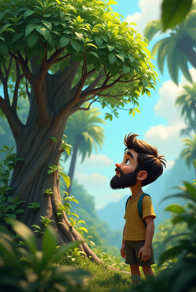 Oxygen tree in jungle young beard boy think ai 3d cartoon type realist ...