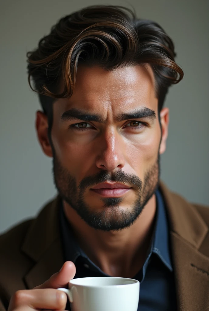 A handsome guy with sharp jawline and pointed nose with a coffee mug ...
