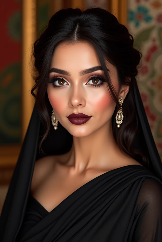 Generate a make up look for a Pakistani girl with fair skin in black ...