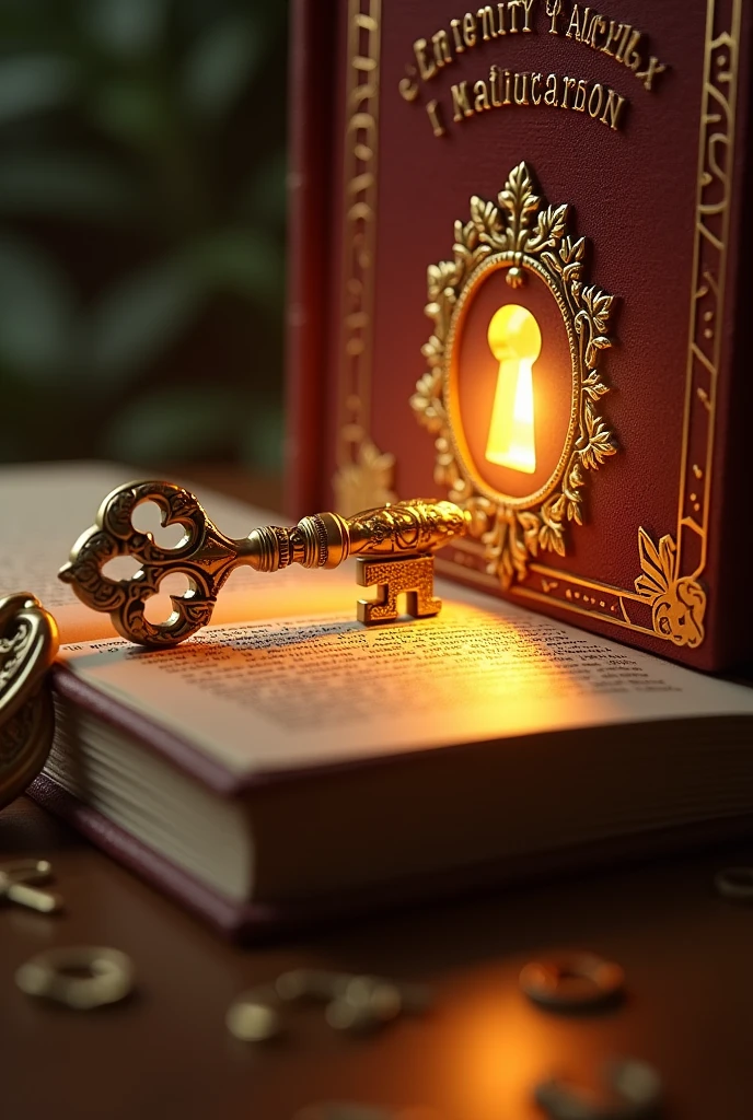 "Create a creative visualization of a gold key unlocking a book - SeaArt AI