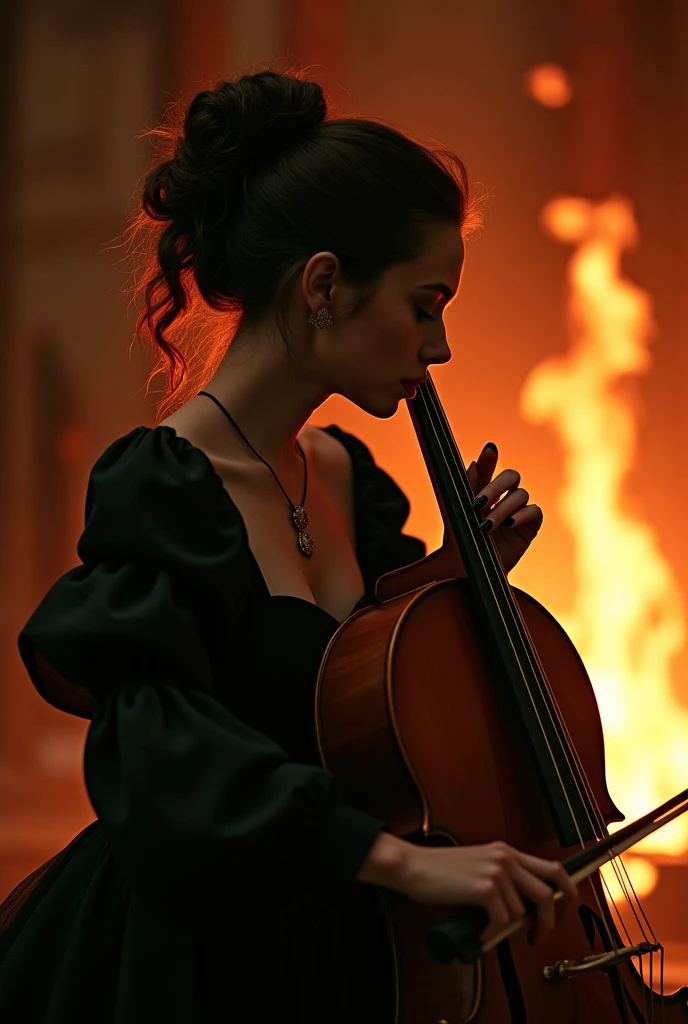 Girl in black dress playing a cello in front of a fire, wednesday ...