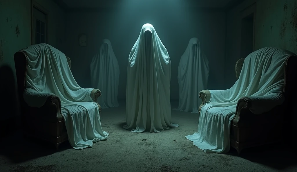 dark, foreboding room with old furniture covered in white sheets ...