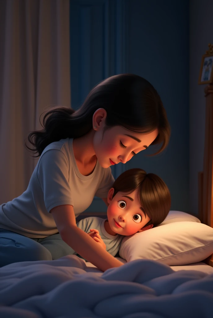 Create an animation when a mother tuck her son in bed - SeaArt AI