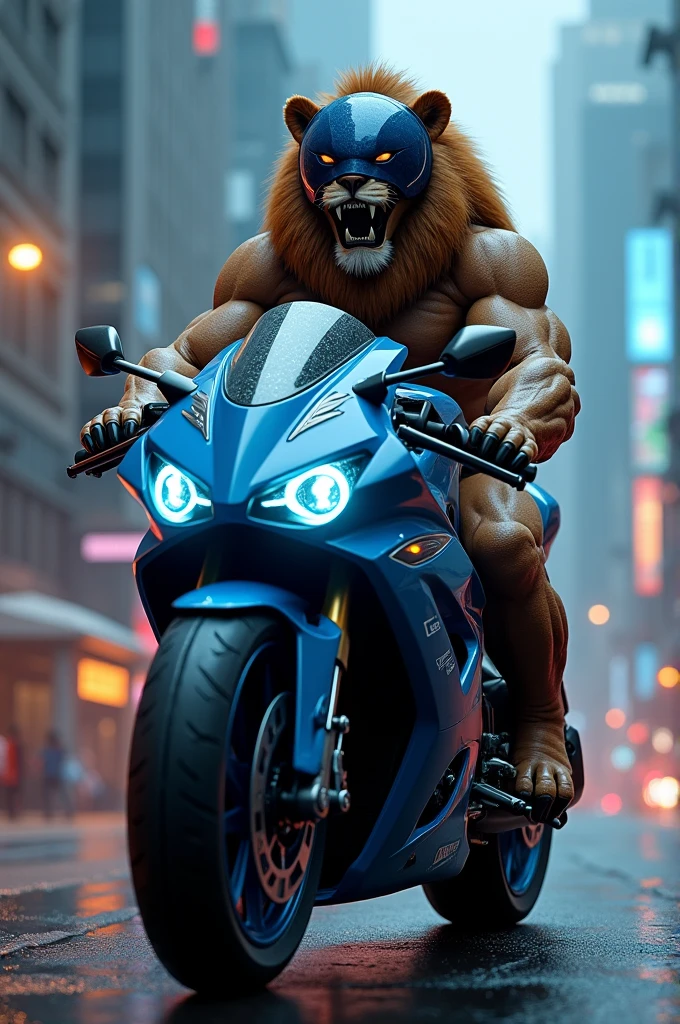 Lion with helmet dark blue shade with sports bike - SeaArt AI