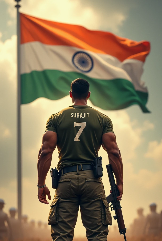 A huge tricolor flag of India is waving, in front of it an 1 army ...