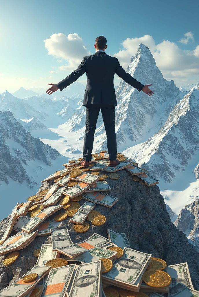 A great man standing on a mountain looking downward and there is money ...