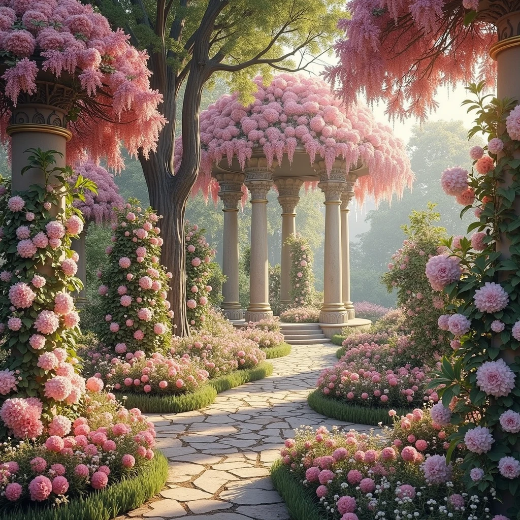 A beautiful garden bathed by sunlight. ((desire, fulfillment - SeaArt AI