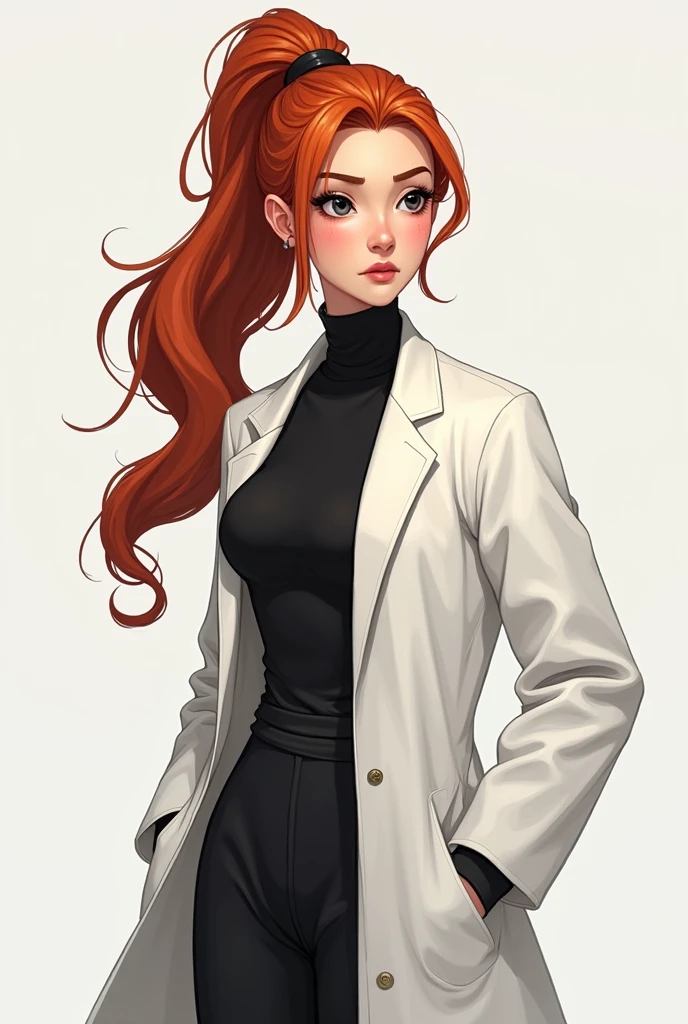 A girl character wearing lab scientist coat over black top and black ...