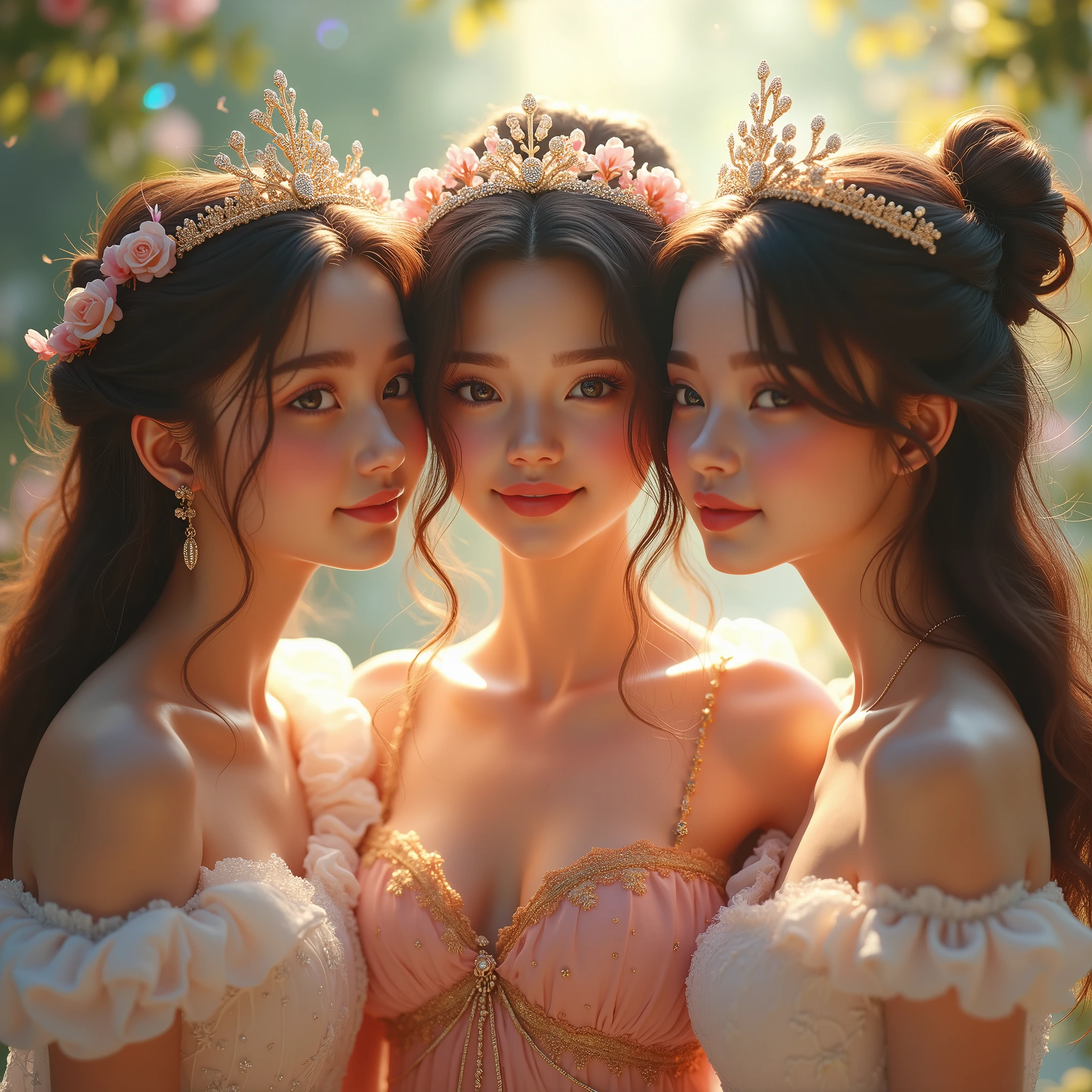 Three women in dresses and tiables posing for a picture - SeaArt AI