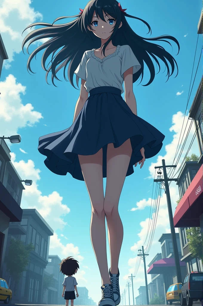 Genrate a image of giant anime girl with black hair and blue eyes ...