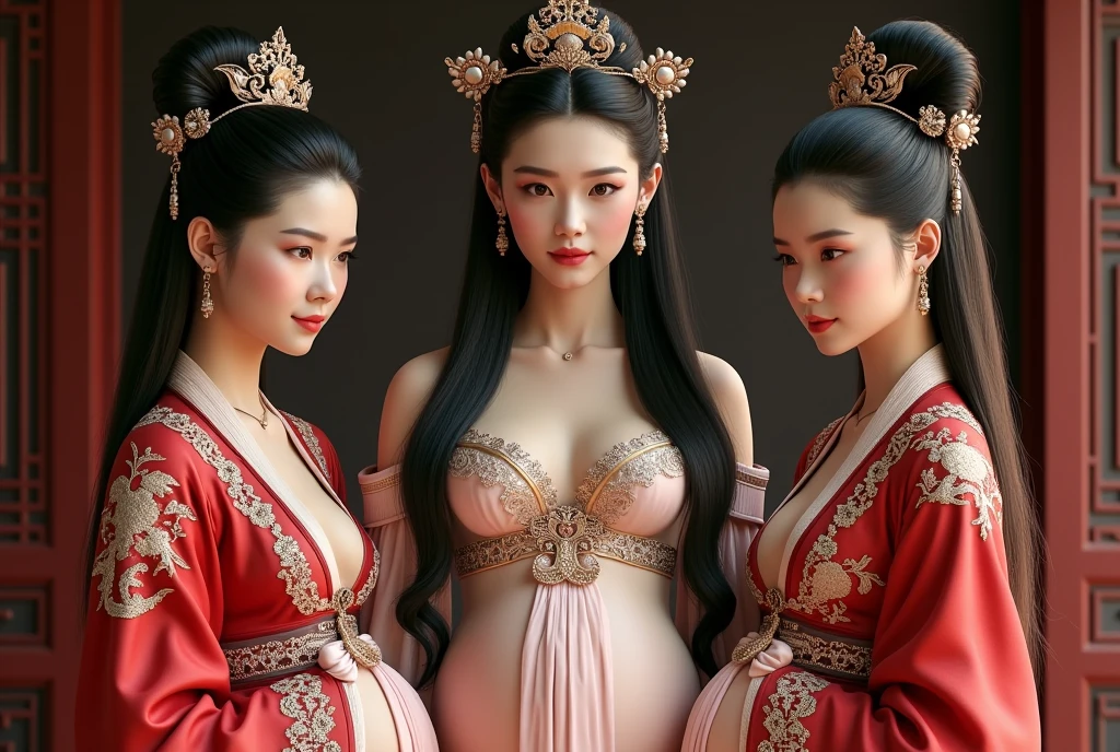 A beautiful 20-year-old young queen and two beautiful concubines - SeaArt AI