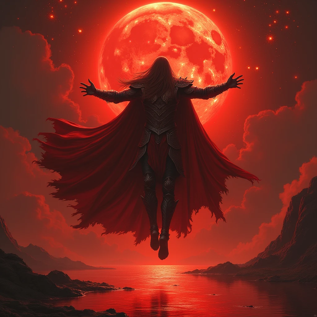 A majestic falling red moon with burning falling stars looming ...