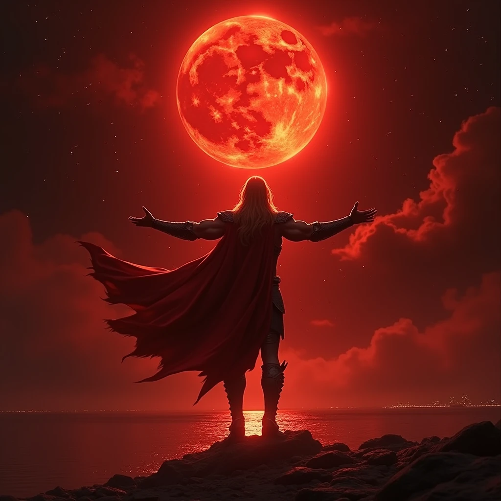 A majestic falling red moon with burning falling stars looming ...