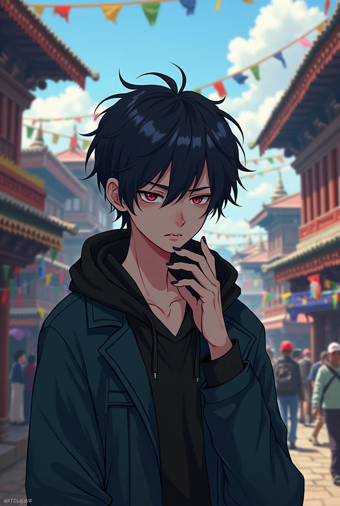 Emo boy with nail paint sad and lost in thoughts in Kathmandu cultural ...