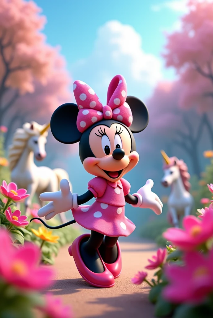 Pink Pixar Minnie with flowers and unicorn - SeaArt AI