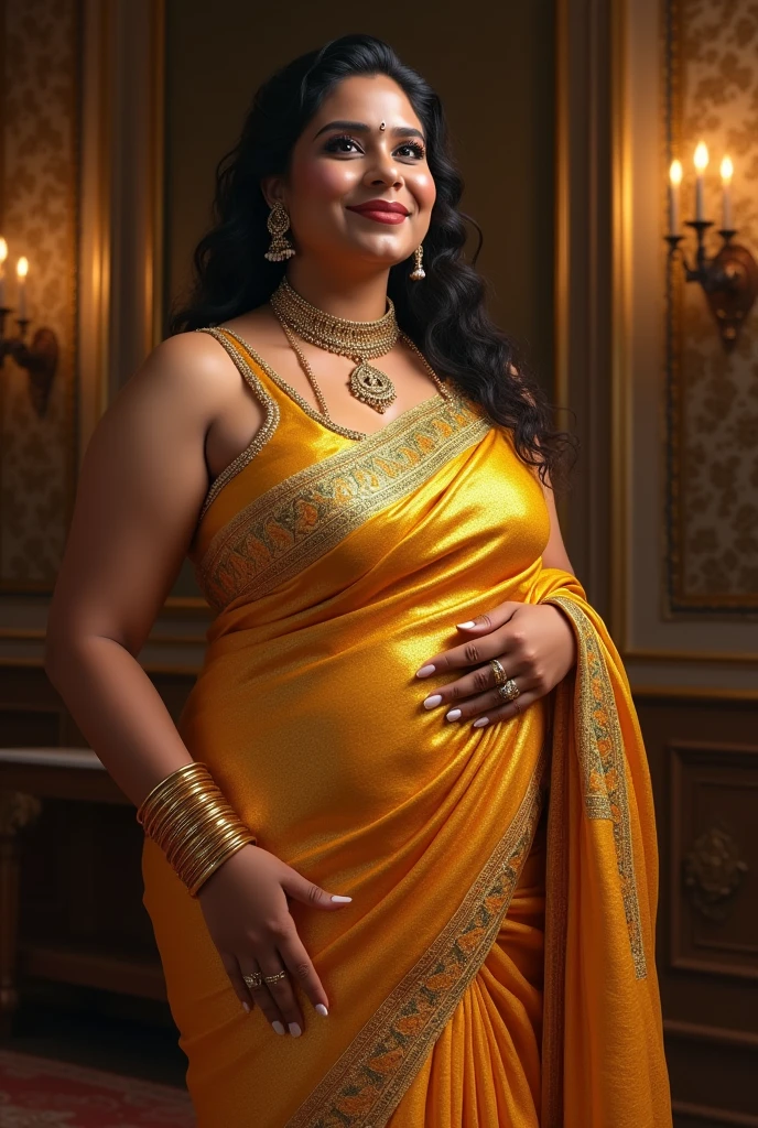 Indian south aunty with big assets and gold color saree open side view ...