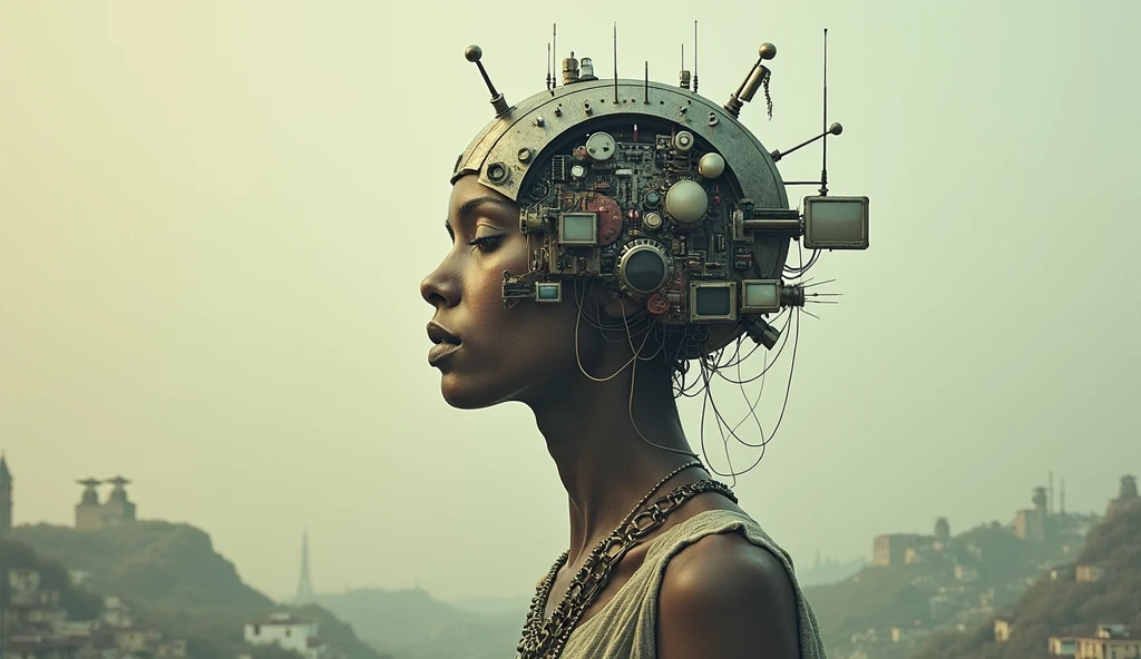 Surreal composition，A person'the head becomes a complex signal receiver ...