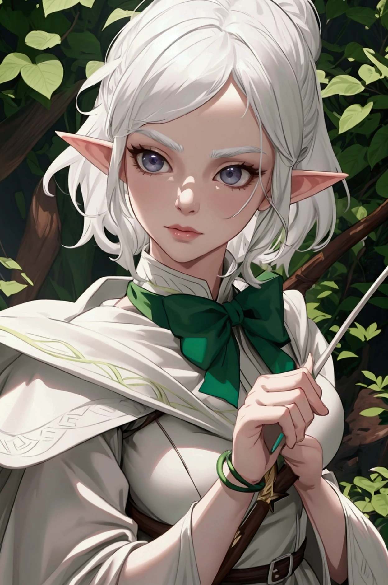 1 woman, ranger female elf, white hair, white cloth, green cape - SeaArt AI