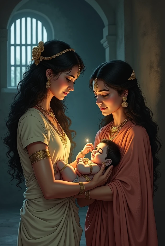 Create an image with devaki and vasudeva in jail, devaki follows ...