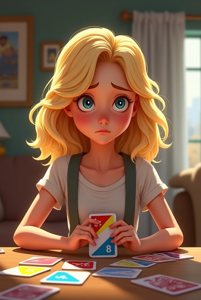 An girl with blonde hair playing Uno, it guesses because she doesn ...