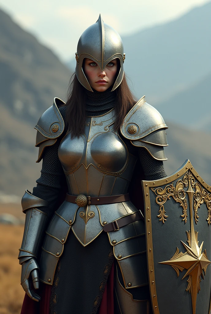 A knight woman who wear cool helmets and has shield - SeaArt AI
