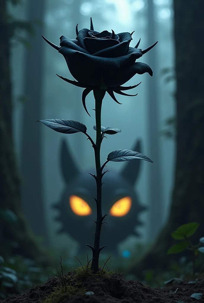 A black rose with metallic spikes on the straight stems. woods - SeaArt AI
