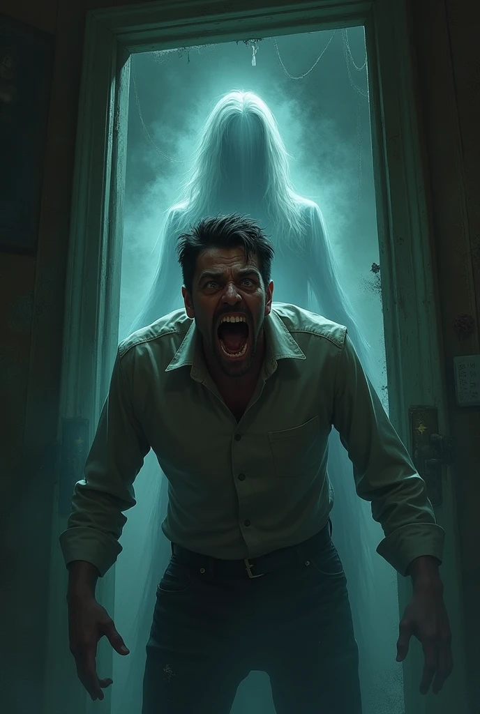 "A Man Frozen in Fear as He Realizes He is Not Alone in the Mansion ...