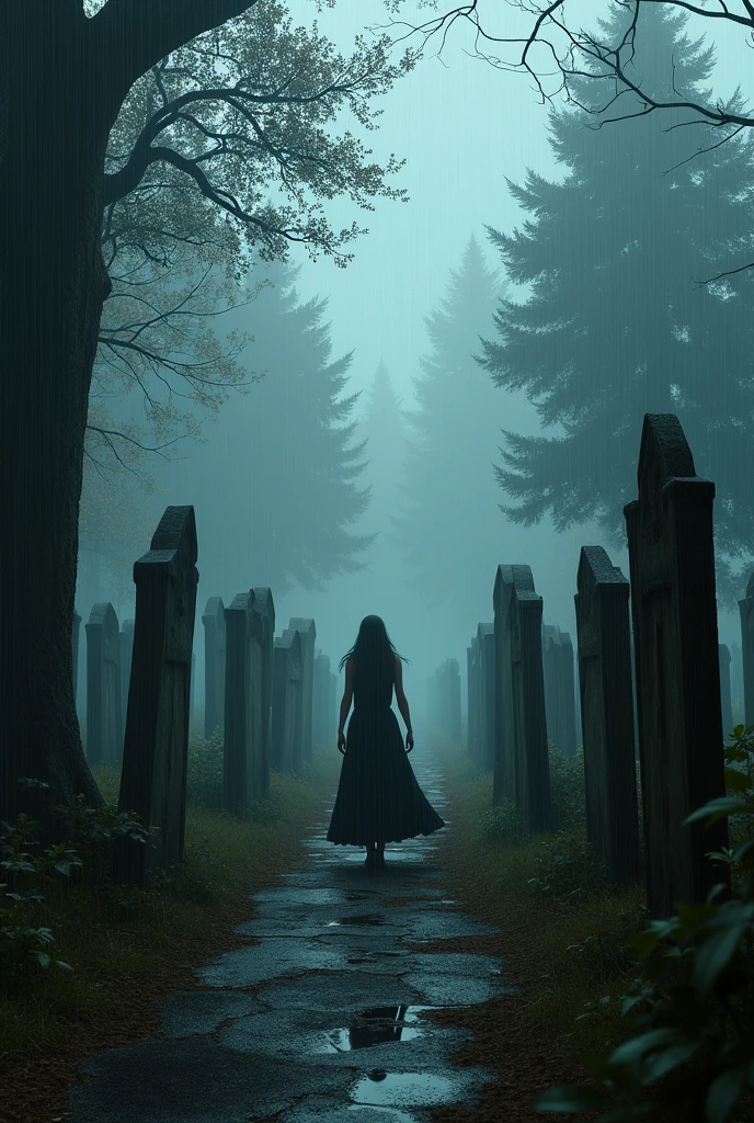 An eerie, old cemetery at dusk with overcast skies and light drizzle ...